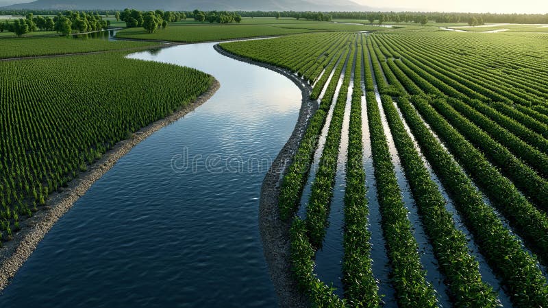 A River Running through a Lush Green Field Next To a River Stock Image ...