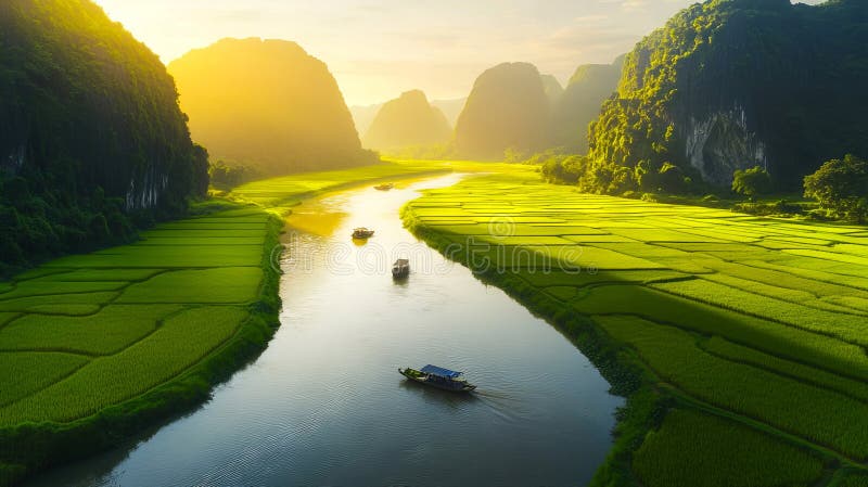 A River Running through a Lush Green Field Next To a Mountain Stock ...