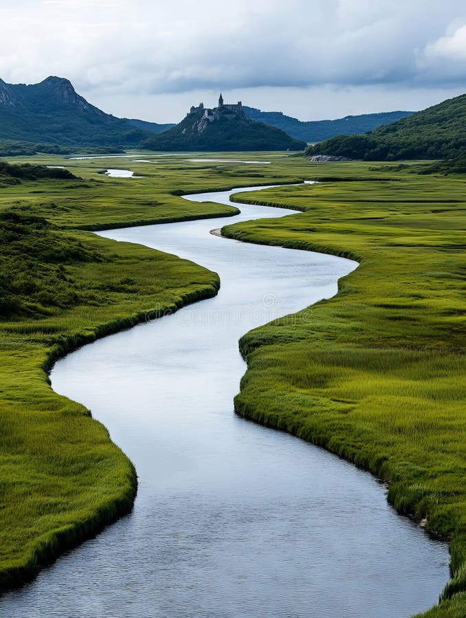 River Running Lush Green Field Next Mountain Stock Photos - Free ...