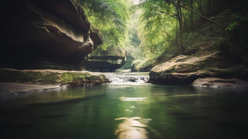 A River Running through a Lush Green Forest Filled with Rocks Stock ...