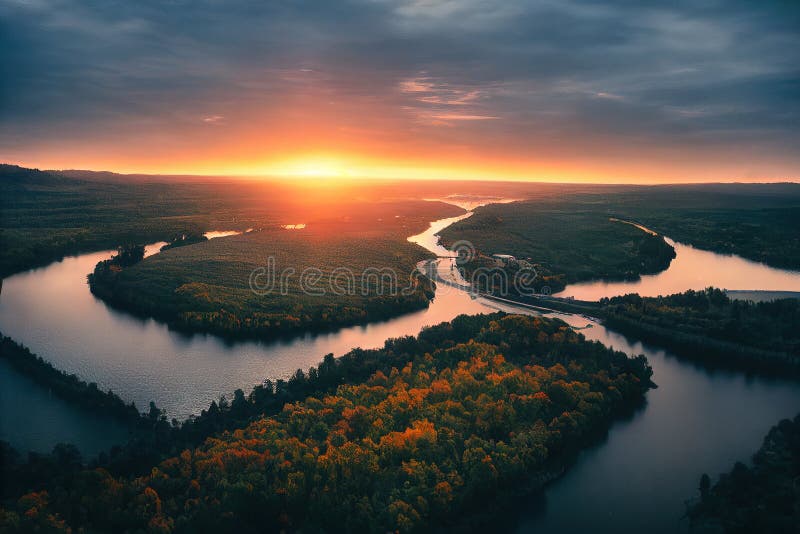 A River Running through a Lush Green Forest Under a Cloudy Sky at ...