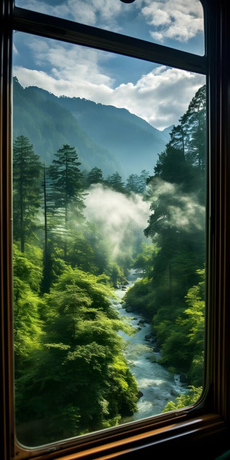 A River Running through a Lush Green Forest.Window View from Train ...