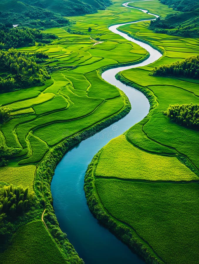 A River Running through a Lush Green Valley Stock Photo - Image of ...
