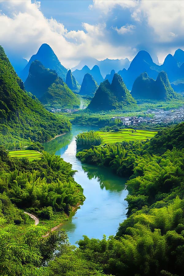 A River Running through a Lush Green Valley Surrounded by Mountains ...