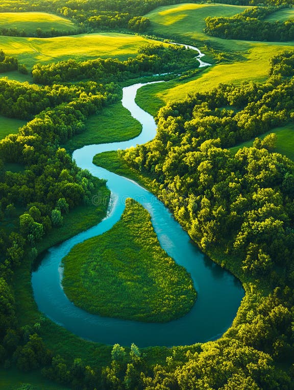 A River Running through a Lush Green Valley Surrounded by Trees Stock ...
