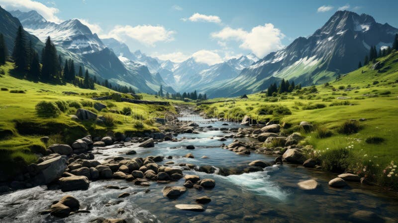 A River Running through a Valley with Mountain. Generative AI. Stock ...