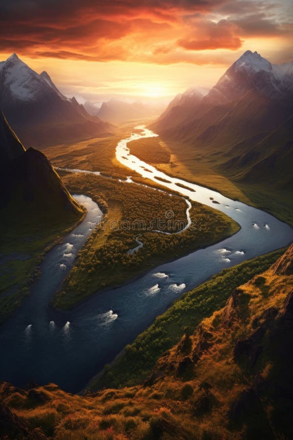A River Running through a Valley Next To a Mountain. Generative AI ...