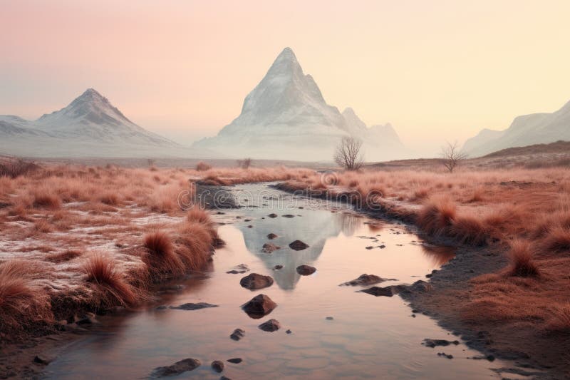 A River Runs through a Field with Mountains in the Background, AI Stock ...