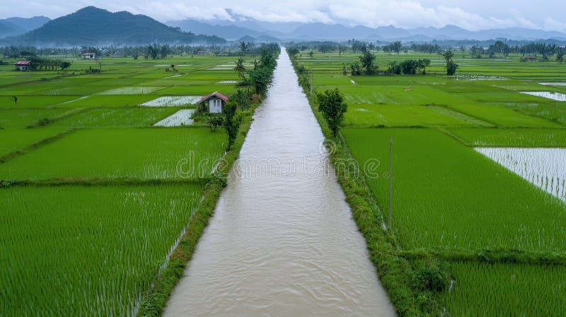 A River Runs through a Field of Rice Paddies Stock Illustration ...
