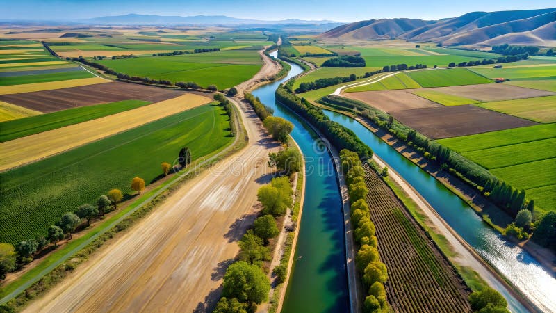 A River Runs through Rural Area with a Road and Trees Stock ...