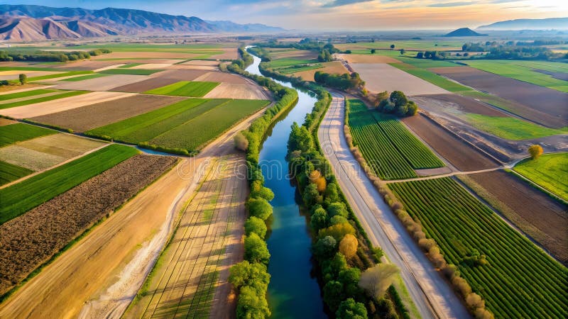 A River Runs through Rural Area with a Road and Trees Stock ...