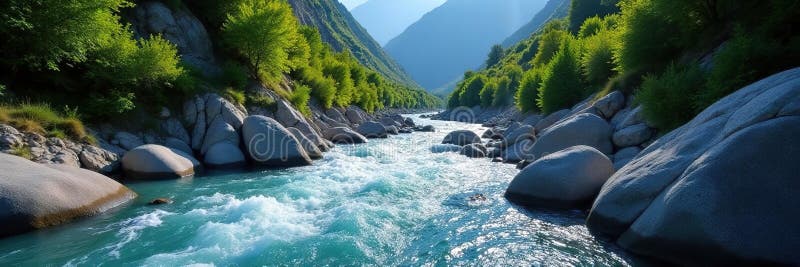 River Rushing through a Narrow Mountain Valley with Smooth Rocks ...