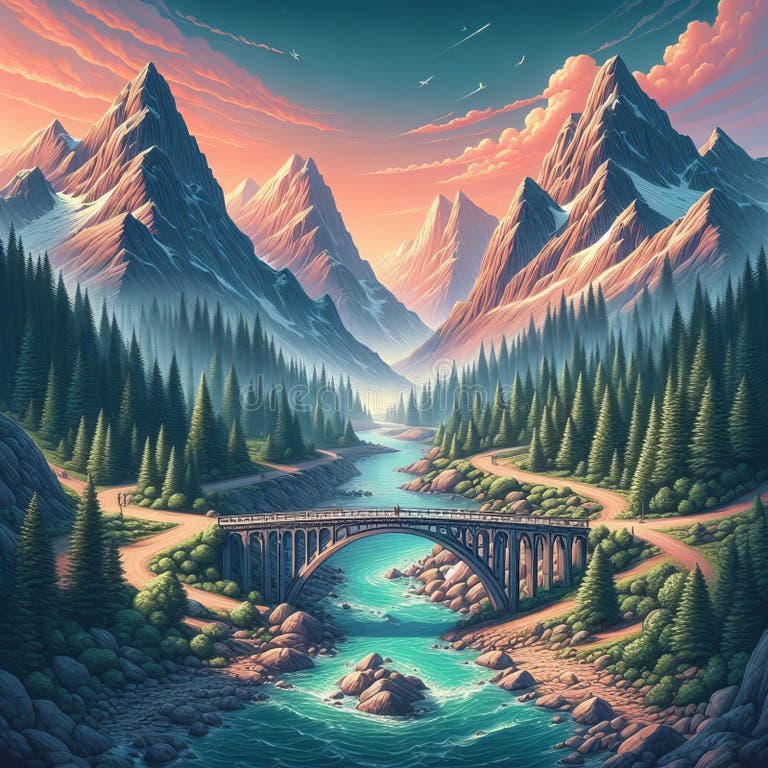 River S Forks Bridge a Bridge Situated at the Fork of Two Mounta Stock ...