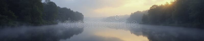 River S Surface Shrouded in Thick Fog, yet Sunlight Dances on Distant Trees, Light, Misty ...