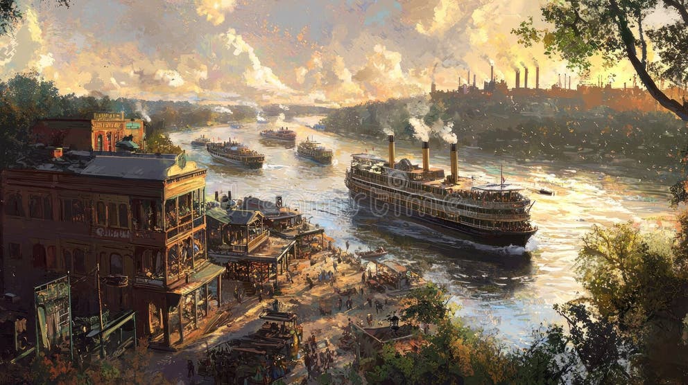 Steamboat Era Riverfront Scene at Sunset Stock Illustration ...
