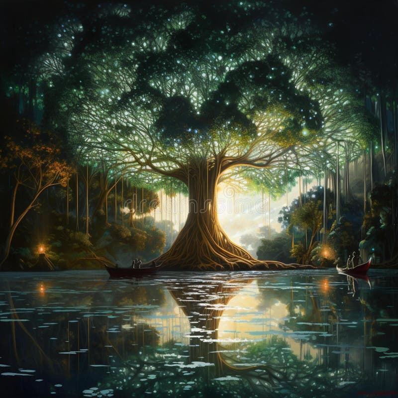 River with Several Small Boats Floating on Its Surface and a Large Tree ...