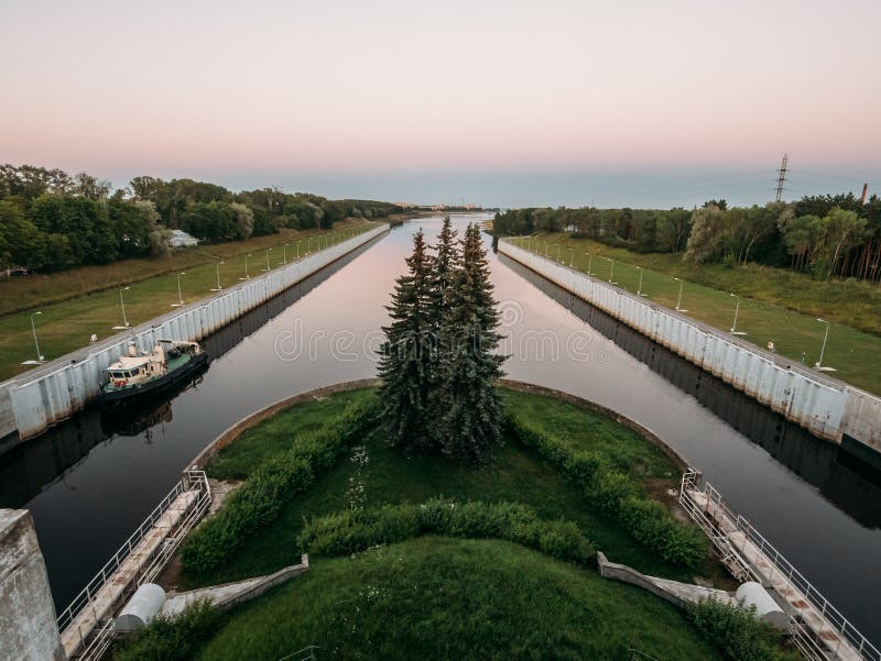 River Shipping Locks Gates System, Canal for Boats and Ships Stock ...