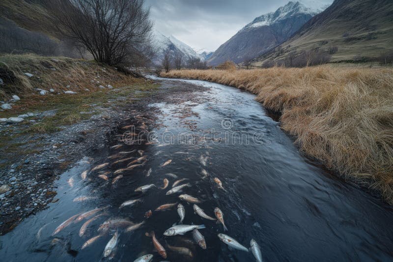 River Showing Dead Fish among the Grass and Mountains in a Serene ...