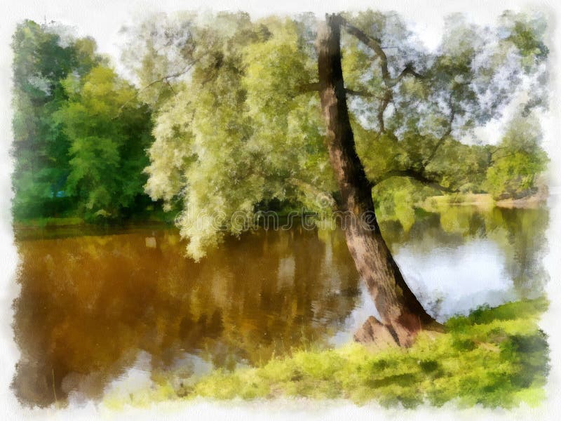 A River Side in the Park - Stylized To Painting Stock Illustration ...