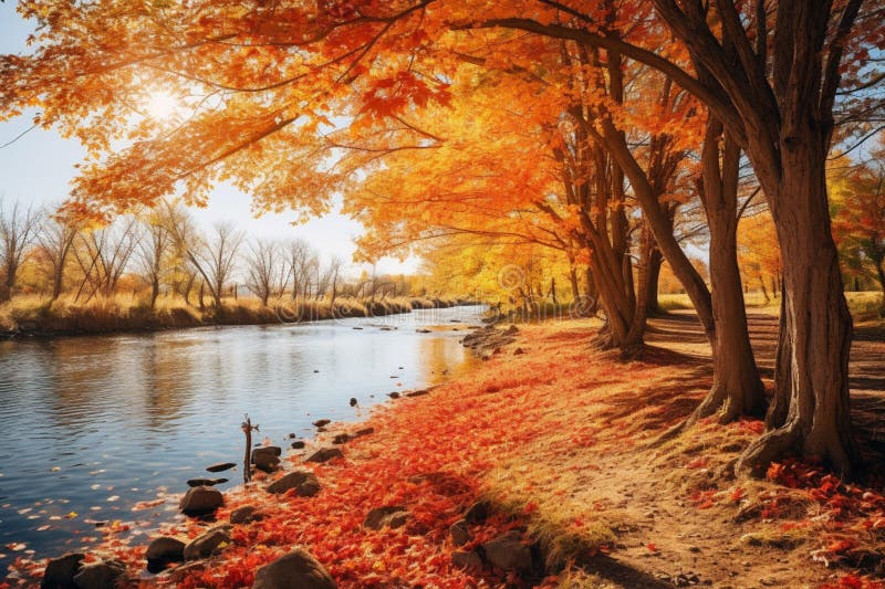River Side Tree Foliage Golden and Red Leaves Rocks Stones, AI ...