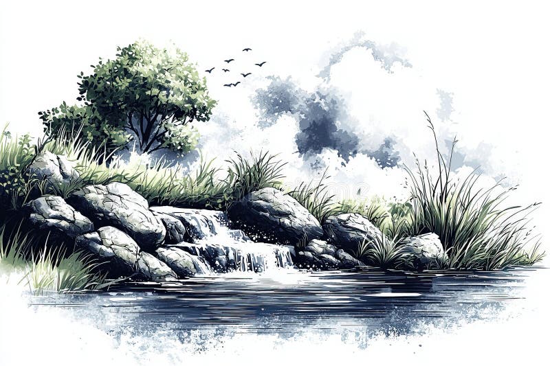 River Sketch: a Serene Illustration of a River Landscape, Capturing Its ...