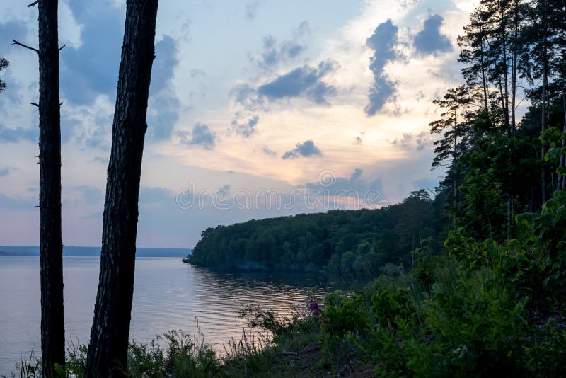 River and Sky Horizon. Sunset. Nature Background, Hills, Trees Stock ...