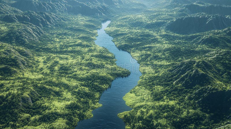 A River Snaking through a Verdant Mountain Valley Stock Illustration ...