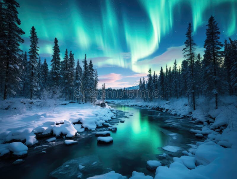 A River with Snow and Trees and a Green Aurora Borealis Stock ...