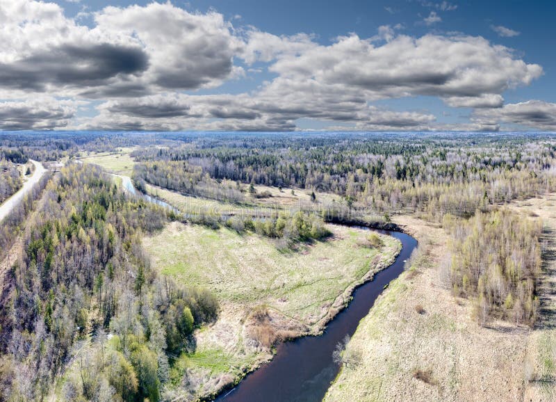 River between Spring Trees Aerial View Stock Photo - Image of curve ...