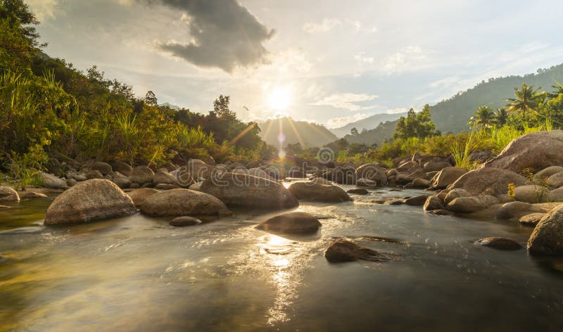 River Stone and Tree with Sun Beam, View Water River Tree Stock Photo ...