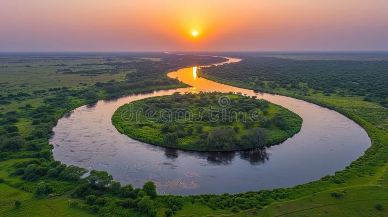 A River with a Sun in the Sky Stock Illustration - Illustration of ...