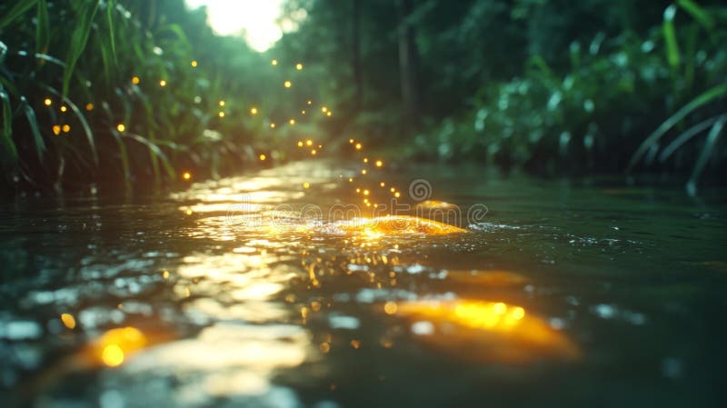 River with Sunlight Reflection and Floating Particles in the Water ...