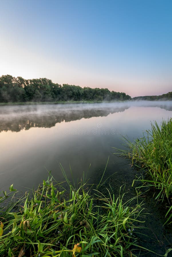 River at Sunrise. the Mist Over the Water. the Vertical Frame Stock ...