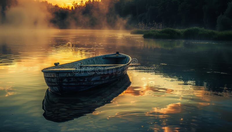 River in the Sunset with a Lonely Boat Stock Image - Image of nature ...