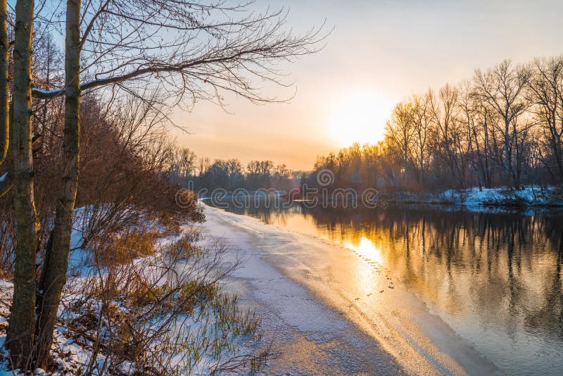 River during the Sunset Quietly Flows through Stock Photo - Image of ...