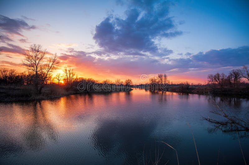 River during the Sunset Quietly Flowing Flows through the Spring Forest ...