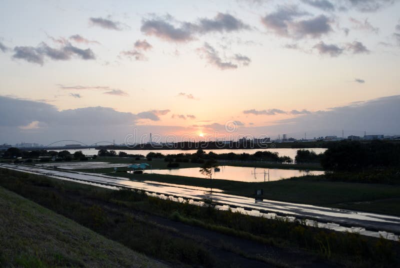River and the Sunset after the Typhoon. Stock Photo - Image of warning ...