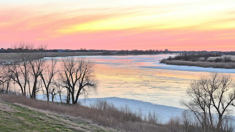 River Sunset, Winter Ice, Trees, Landscape, Pastel Sky Stock Image ...