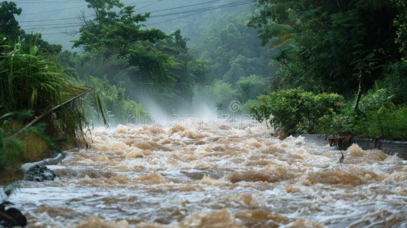 A River Swollen and Rushing Carrying Debris from the Heavy Monsoon ...