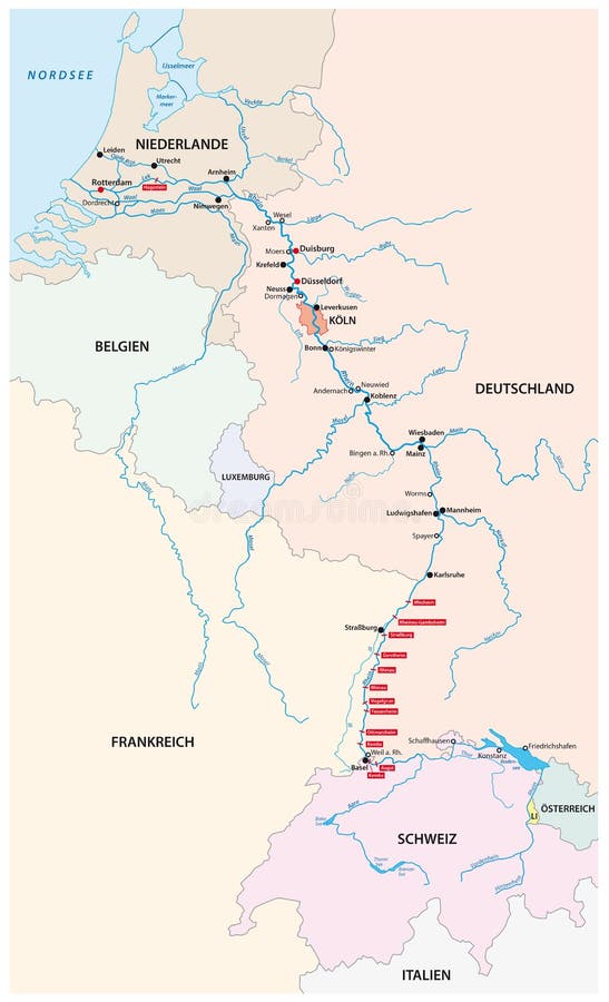 River System Map Rhine with the Most Important Cities and Tributaries ...