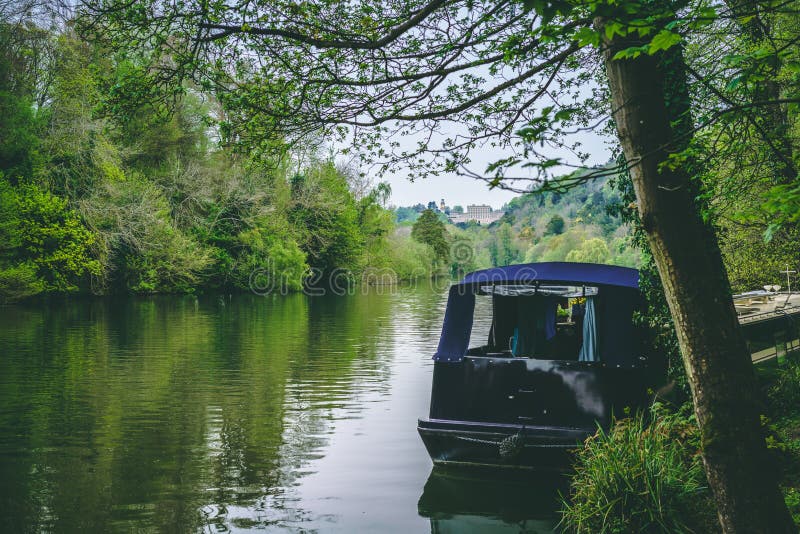 River Thames Landscape Cliveden House with Boat Stock Image - Image of ...