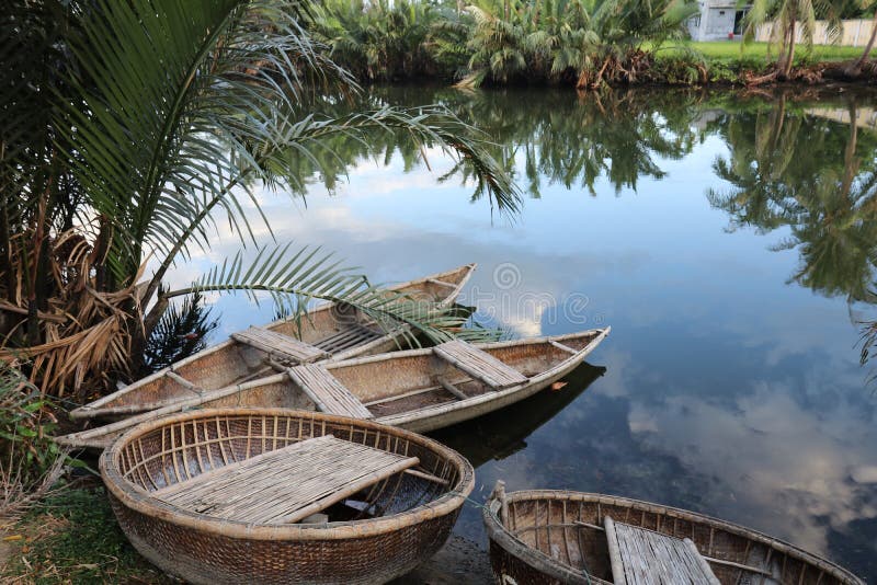 River with Traditional Bamboo Boats in Vietnam Stock Image - Image of ...