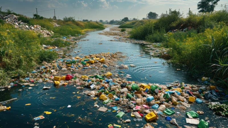 A River with Trash and Debris in it, Near a Field, AI Stock Image ...