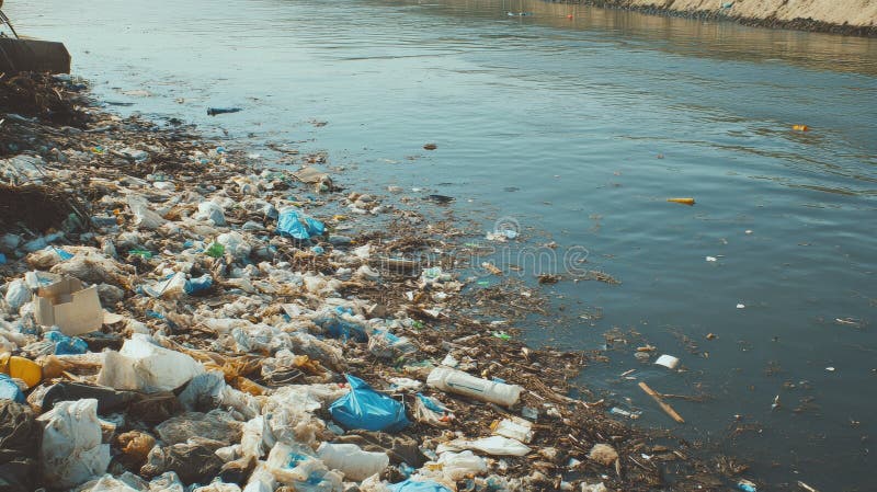 A River with Trash and Garbage Floating in it Near a Shore, AI Stock ...