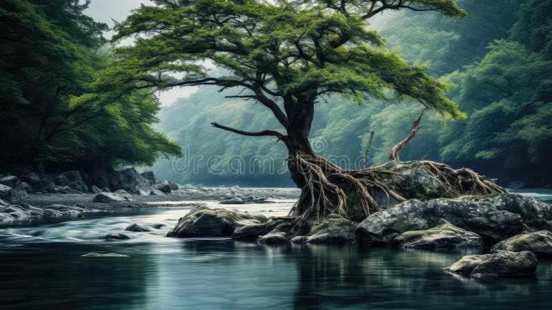 River tree by stream stock illustration. Illustration of harmony ...