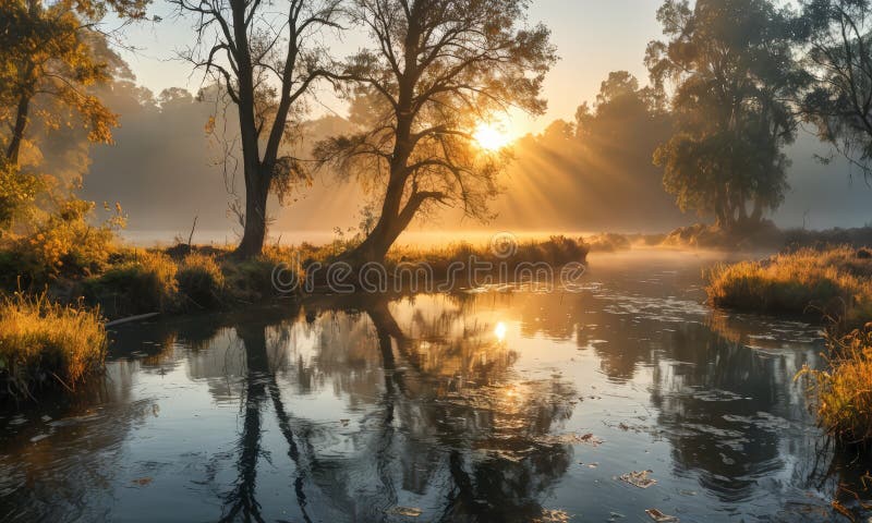 River with Tree and Sun Shining through the Trees Stock Illustration ...