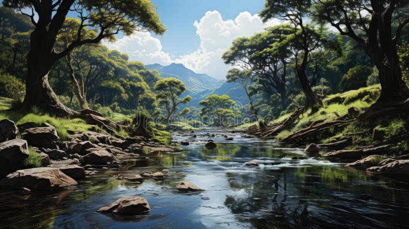 River with Trees Around it. Generative AI. Stock Illustration ...