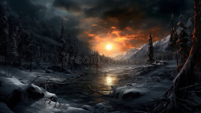 A River in a Twilight Snow-covered Forest Stock Illustration ...