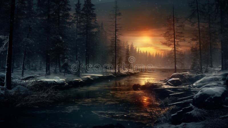 A River in a Twilight Snow-covered Forest Stock Illustration ...