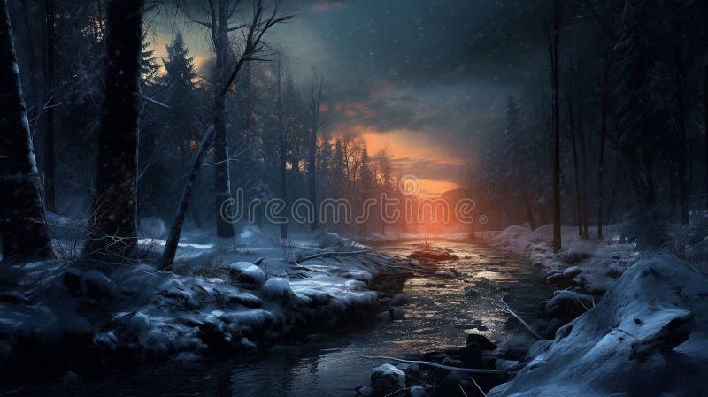 A River in a Twilight Snow-covered Forest Stock Illustration ...